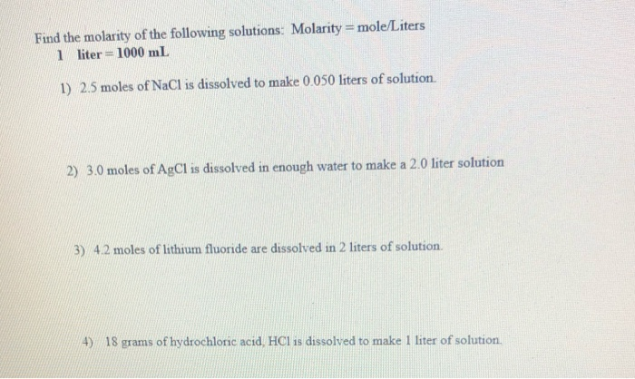 Solved Find the molarity of the following solutions: | Chegg.com