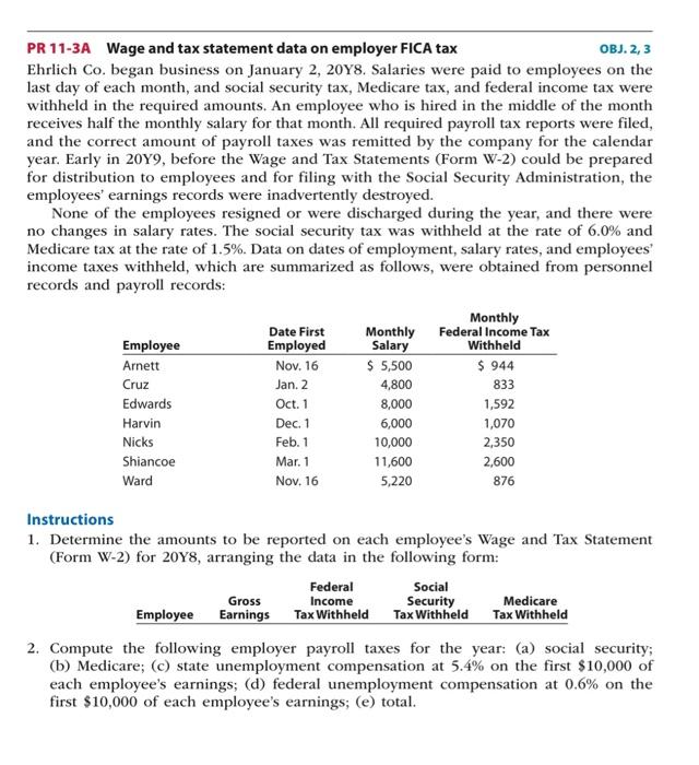 Solved PR 11-3A Wage and tax statement data on employer FICA | Chegg.com