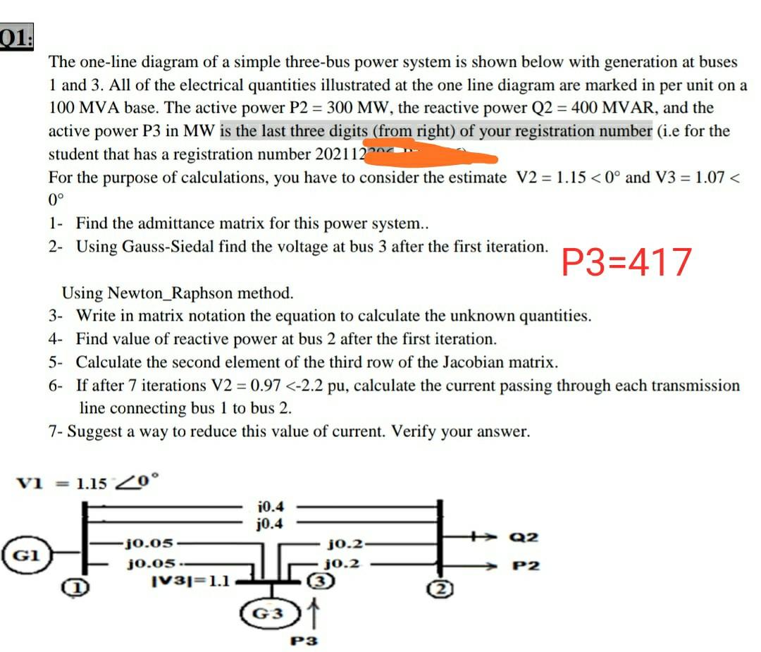 Solved 01: The one-line diagram of a simple three-bus power | Chegg.com