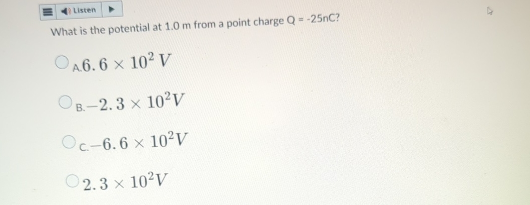 Solved What is the potential at 1.0 ﻿m from a point charge | Chegg.com