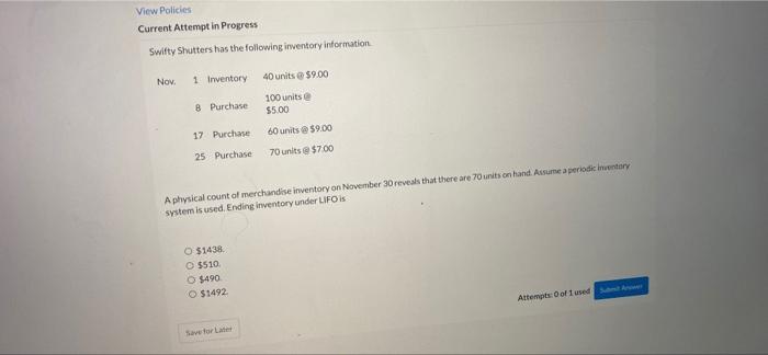Solved View Policies Current Attempt in Progress Swifty | Chegg.com