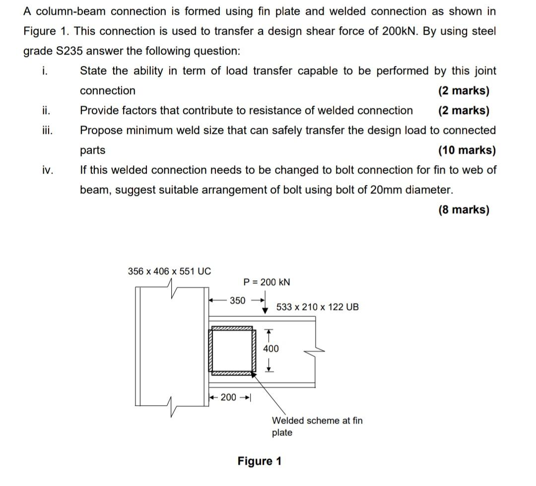 Solved A column-beam connection is formed using fin plate | Chegg.com