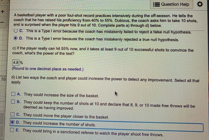 Solved Question Help A basketball player with a poor | Chegg.com