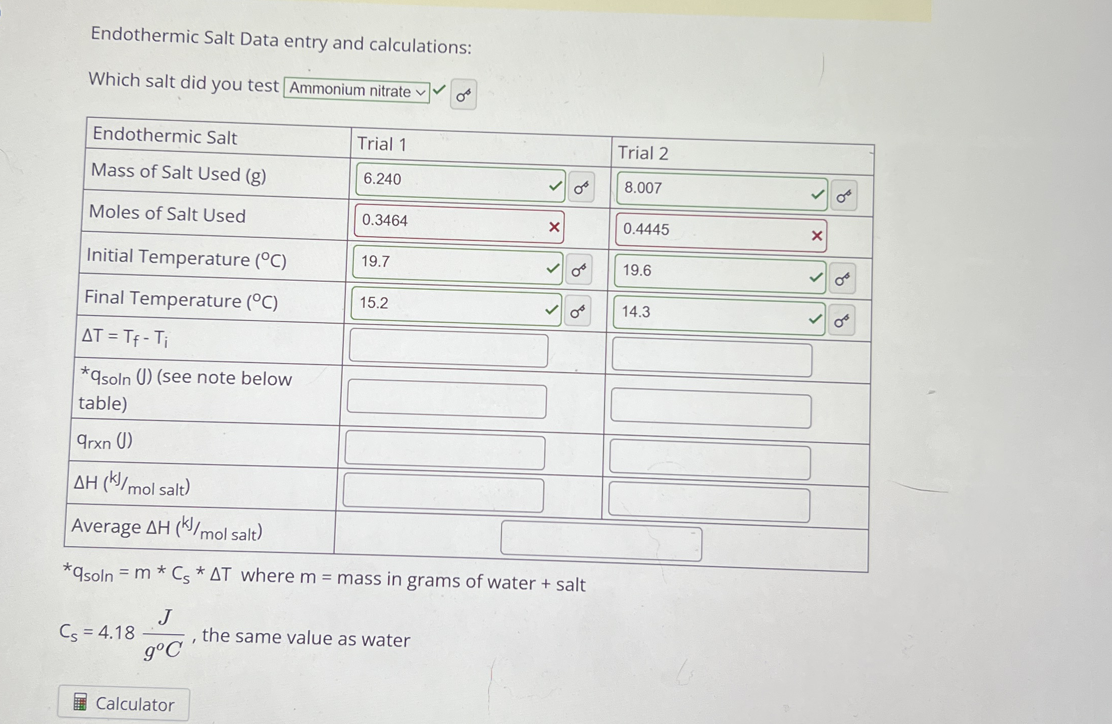 Solved Endothermic Salt Data entry and calculations:Which | Chegg.com