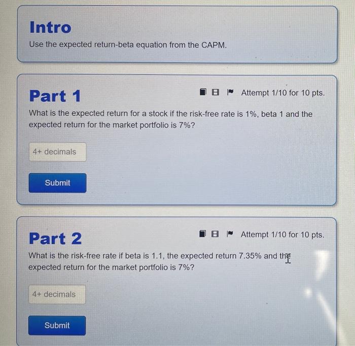 Solved Use the expected return-beta equation from the CAPM. | Chegg.com