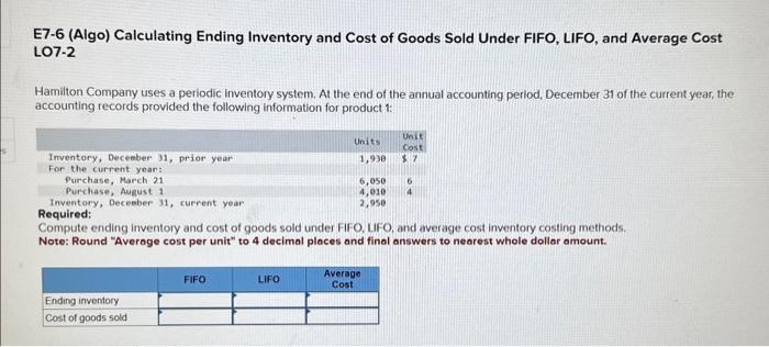 Solved E7-6 (Algo) Calculating Ending Inventory and Cost of | Chegg.com