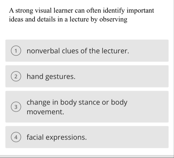 Solved A strong visual learner can often identify important | Chegg.com