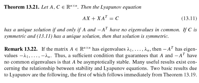 Solved 8. Consider the Lyapunov matrix equation (13.11) with | Chegg.com