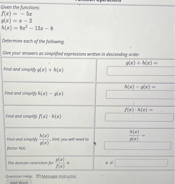 Solved Given the functions: f(x)=−5xg(x)=x−2h(x)=8x2−12x−8 | Chegg.com
