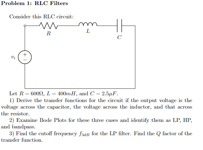 Solved Problem 1: RLC FiltersConsider this RLC circuit:Let | Chegg.com