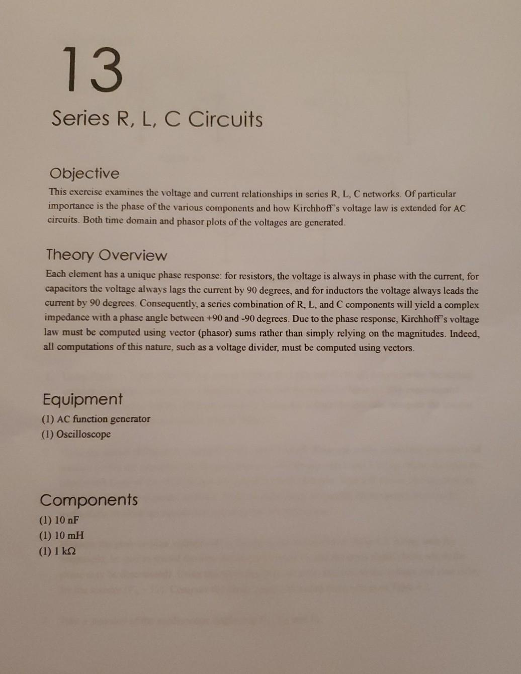 Solved 13 Series R, L, C Circuits Objective This exercise | Chegg.com