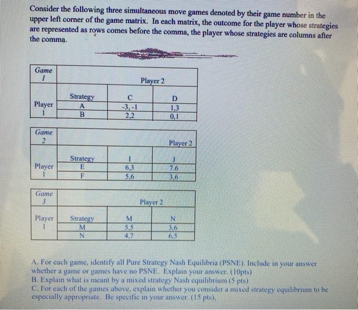 Solved Consider the following three simultaneous move games | Chegg.com