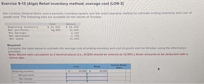 Solved Exerclse 9-13 (Algo) Retall Inventory method; average | Chegg.com
