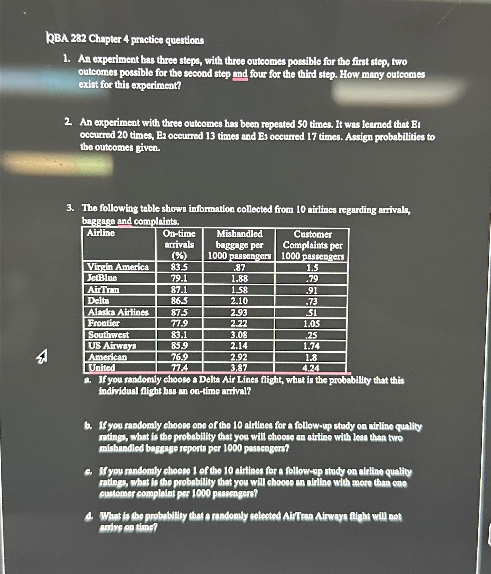 Solved QBA 282 ﻿Chapter 4 ﻿practice questionsAn experiment | Chegg.com