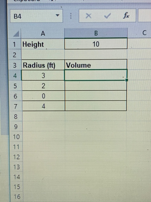 Solved A table is used to compute the volume of a cylinder | Chegg.com