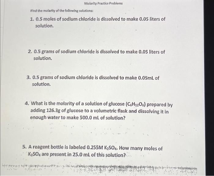 Solved Molarity Practice Problems Find the molarity of the | Chegg.com