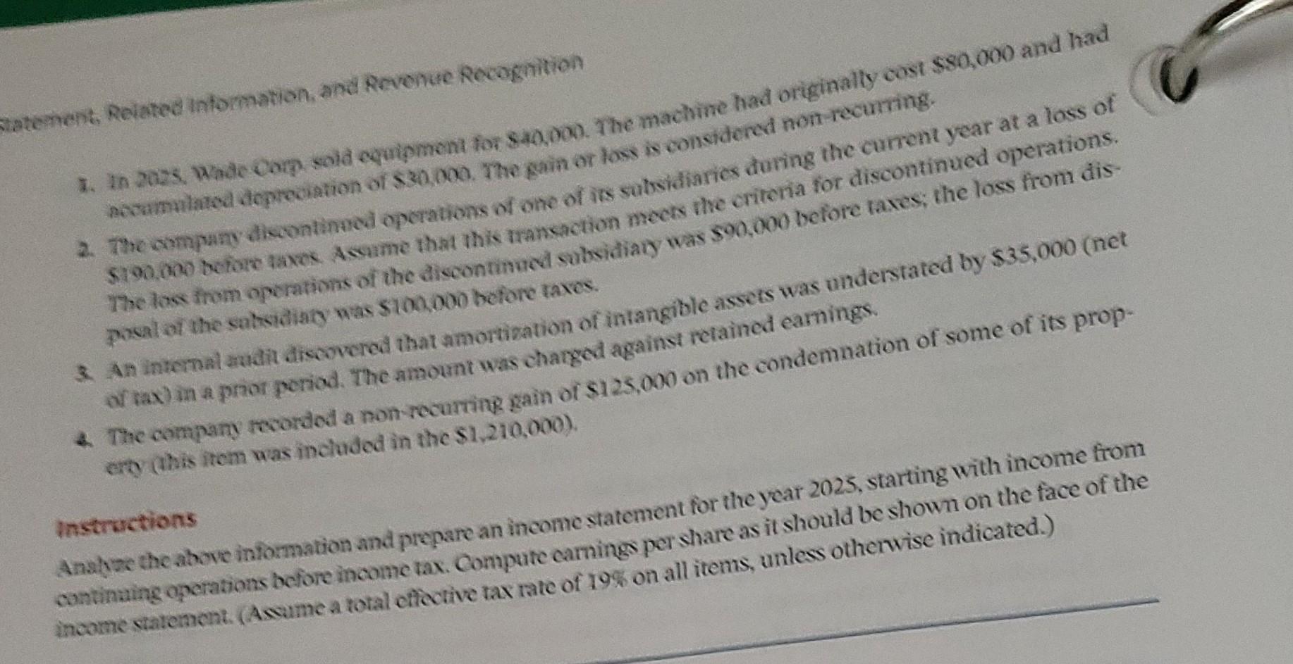 Solved (Income Statement, Irregular Items) Wade Corp. has | Chegg.com