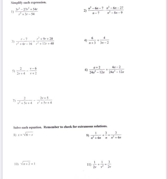 Solved Simplify each expression. 3r? - 272 +541 1) 2 + 3r -- | Chegg.com