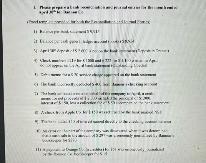 Solved 1. Please prepare a bank reconciliation and journal | Chegg.com