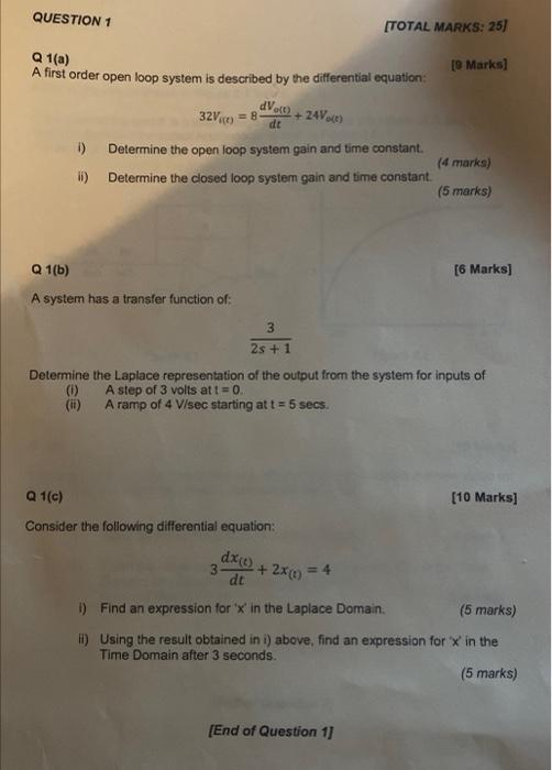 Solved Q 1(a) A first order open loop system is described by | Chegg.com