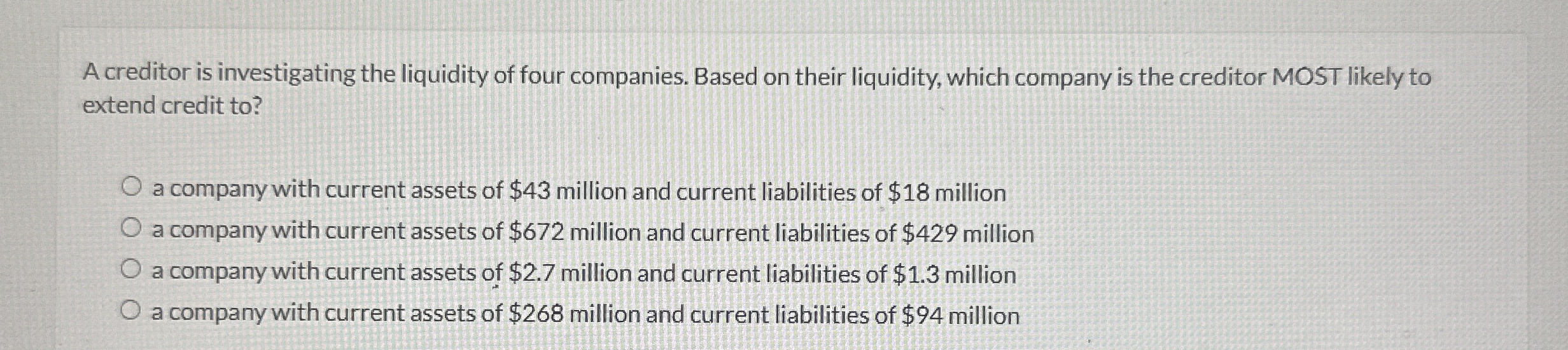 Solved A creditor is investigating the liquidity of four | Chegg.com