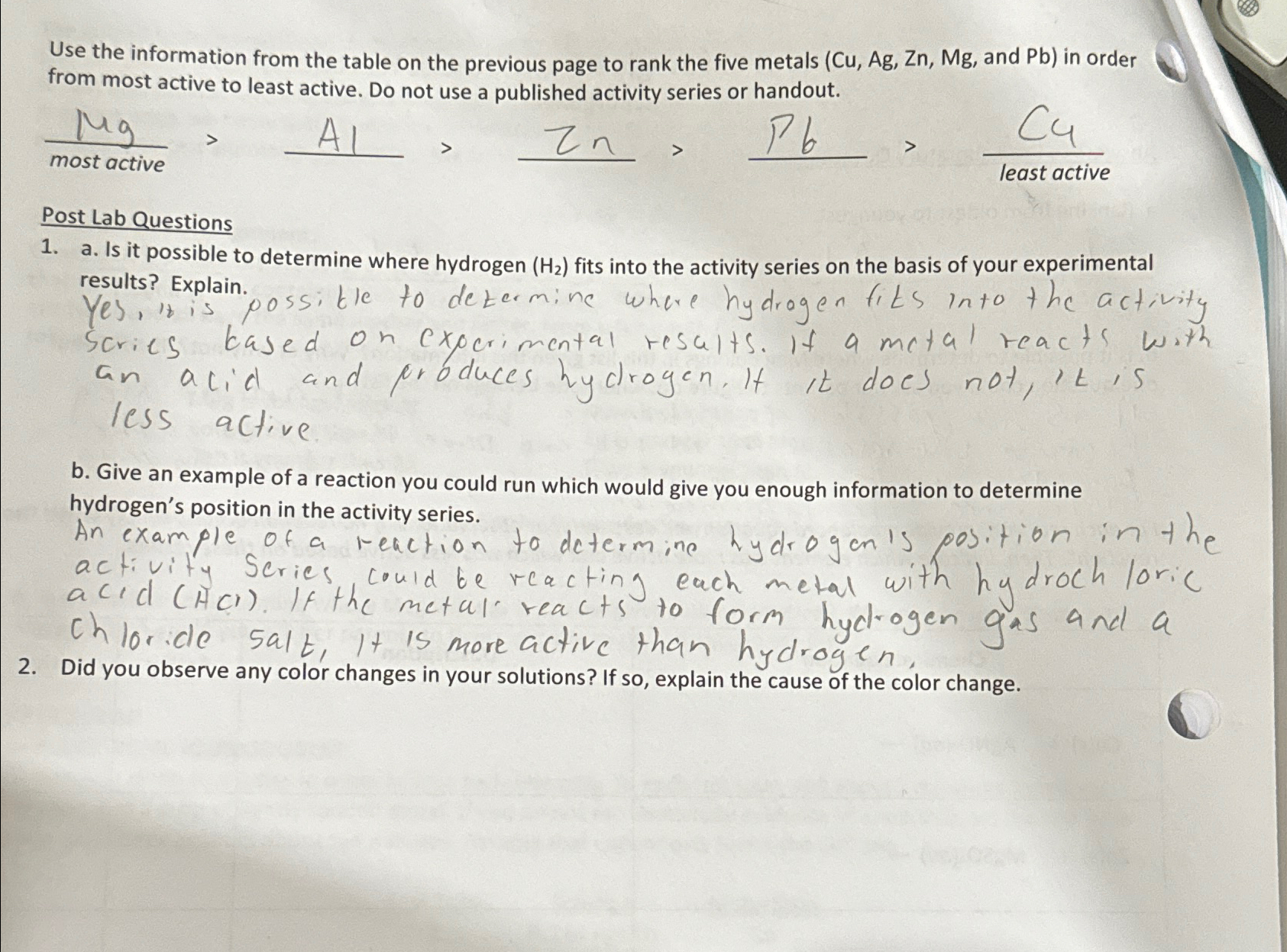 Solved Did you observe any color changes in your solutions? | Chegg.com