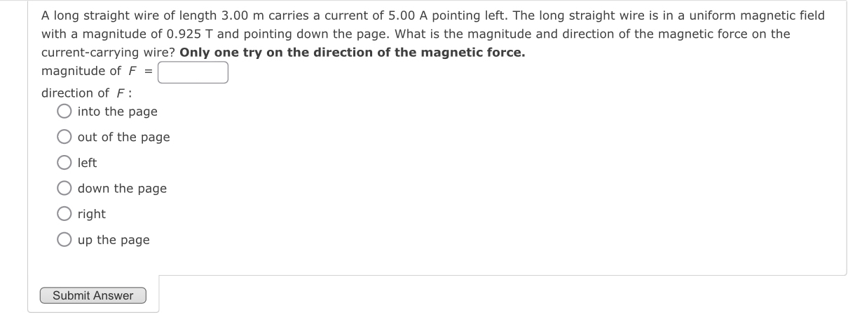 Solved A long straight wire of length 3.00m ﻿carries a | Chegg.com