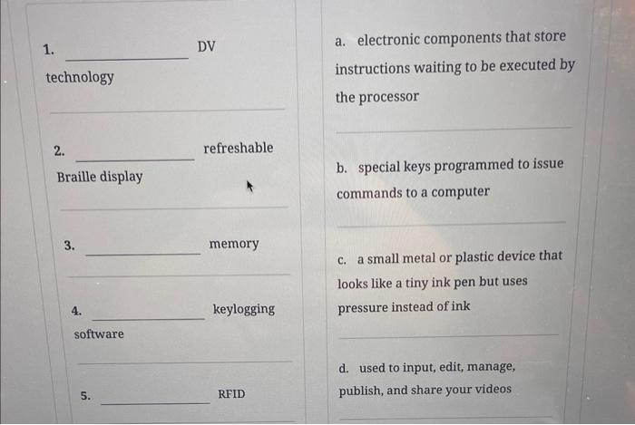 Solved \begin{tabular}{l|l} D. DV & a. electronic \\ \hline | Chegg.com