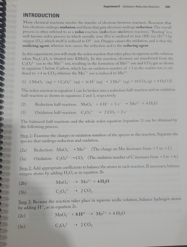Experiment 9 Oxidation-Reduction Reaction 205 | Chegg.com