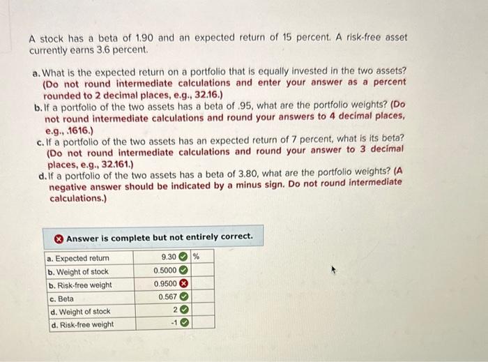 Solved A stock has a beta of 1.90 and an expected return of | Chegg.com