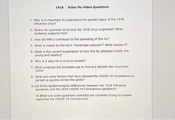 Solved 1918 Killer Flu Video Questions 1. Why is it | Chegg.com