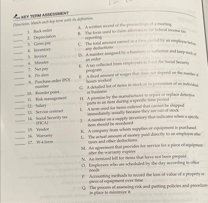 Solved Kerm Term KEY TERM ASSESSMENT Directions: Match each | Chegg.com