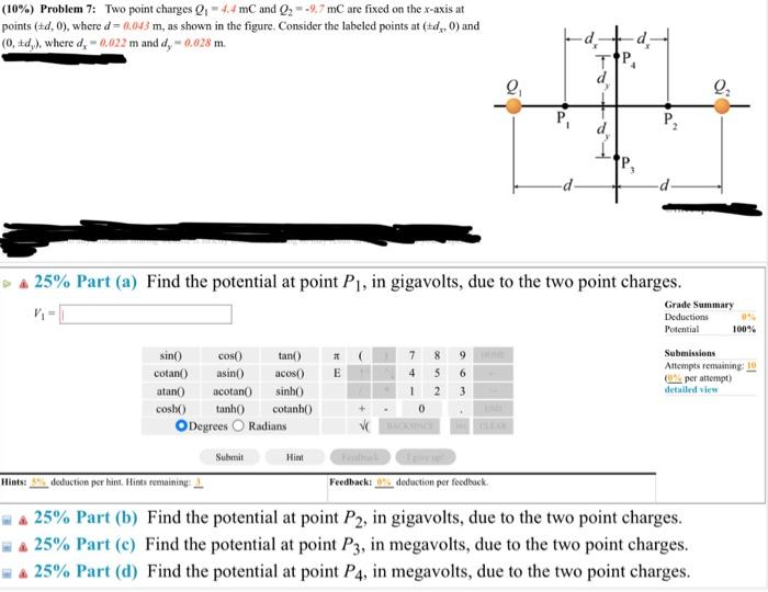 Solved (10%) Problem 7: Two point charges Q1=4.4mC and | Chegg.com