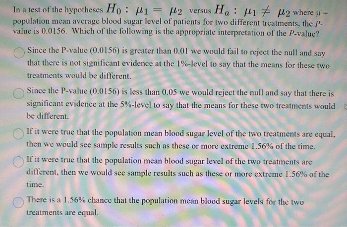 Solved In a test of the hypotheses \\( H_{0}: | Chegg.com