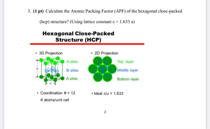 Solved 3. (1 pt) Calculate the Atomic Packing Factor (APF) | Chegg.com