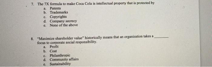 Solved a. 7. The 7X formula to make Coca Cola is | Chegg.com