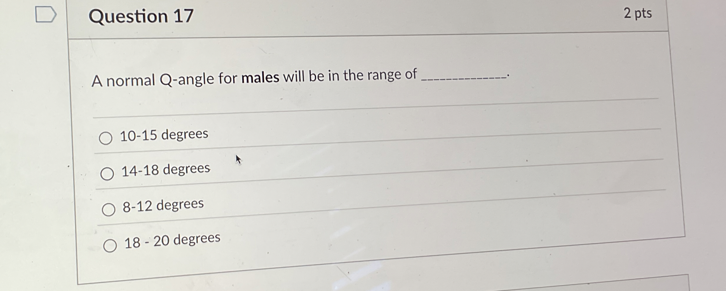 Solved Question 172 ﻿ptsA normal Q-angle for males will be | Chegg.com