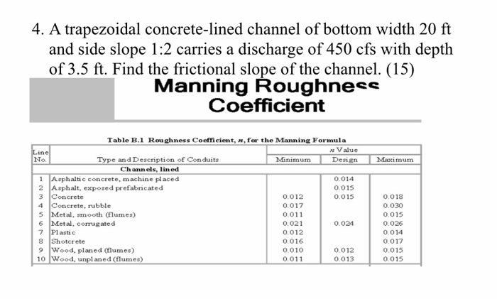 Solved 4. A trapezoidal concrete-lined channel of bottom | Chegg.com