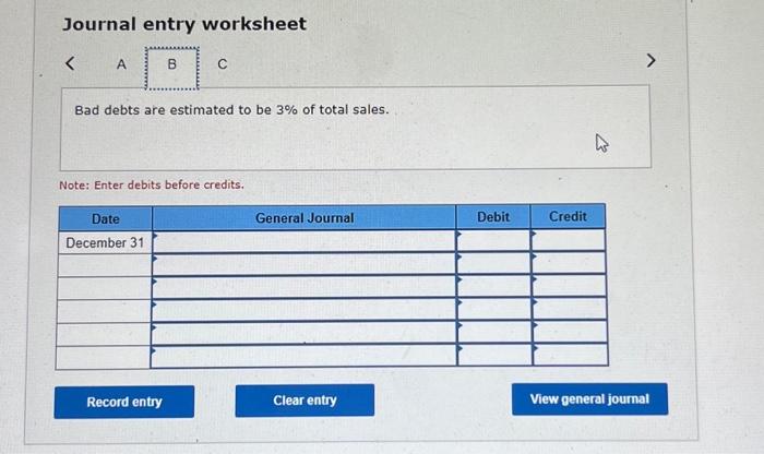 Solved Journal entry worksheet Bad debts are estimated to be | Chegg.com