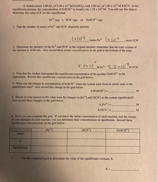 Solved A student mixes 5.00 mL of 2.00 x 102 M Fe(NO), with | Chegg.com