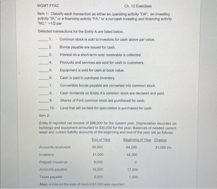 Solved Item 1: Classify each transaction as either an | Chegg.com