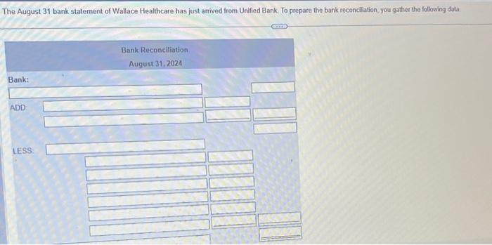 Solved The August 31 bank statement of Wallace Healthcare | Chegg.com