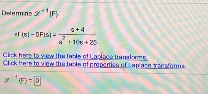 Solved Determine &-'{F}. S +4 SF(s) - 5F(s) = s? + 10s + 25 | Chegg.com