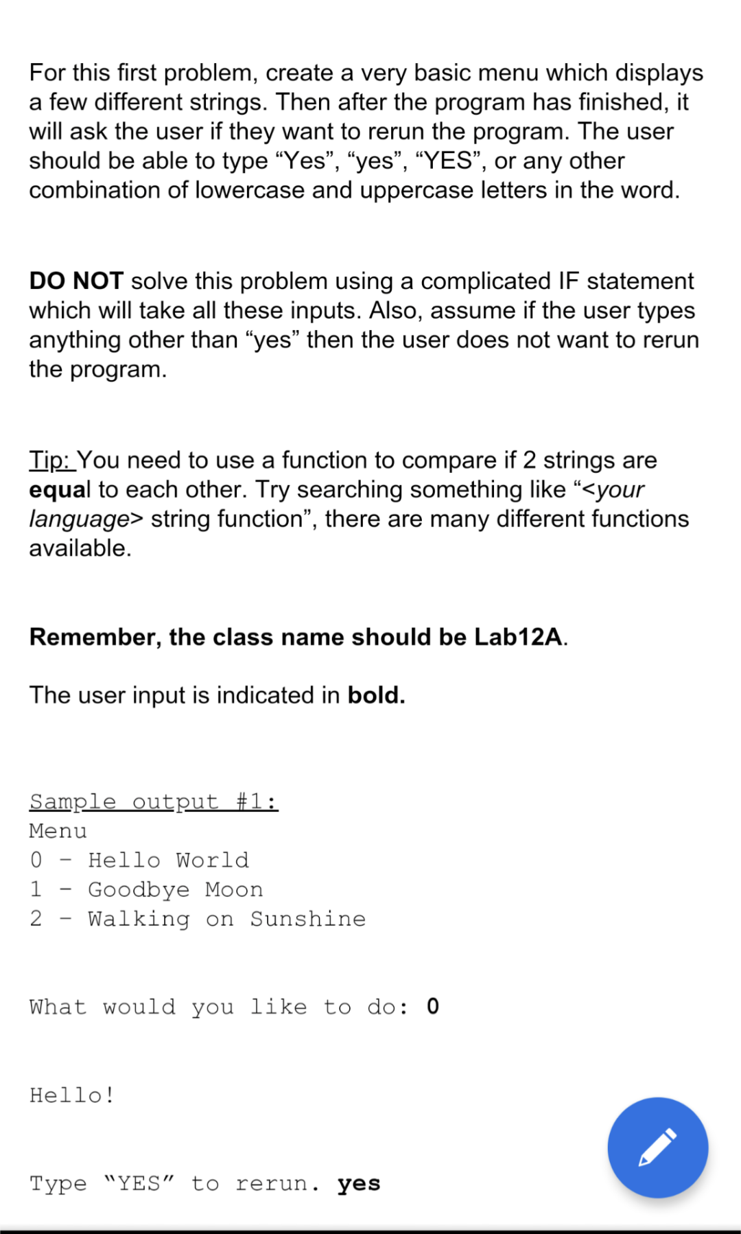 Solved For this first problem, create a very basic menu | Chegg.com