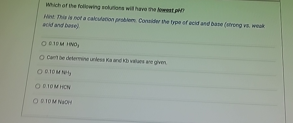 Solved Which of the following solutions will have the lowest | Chegg.com
