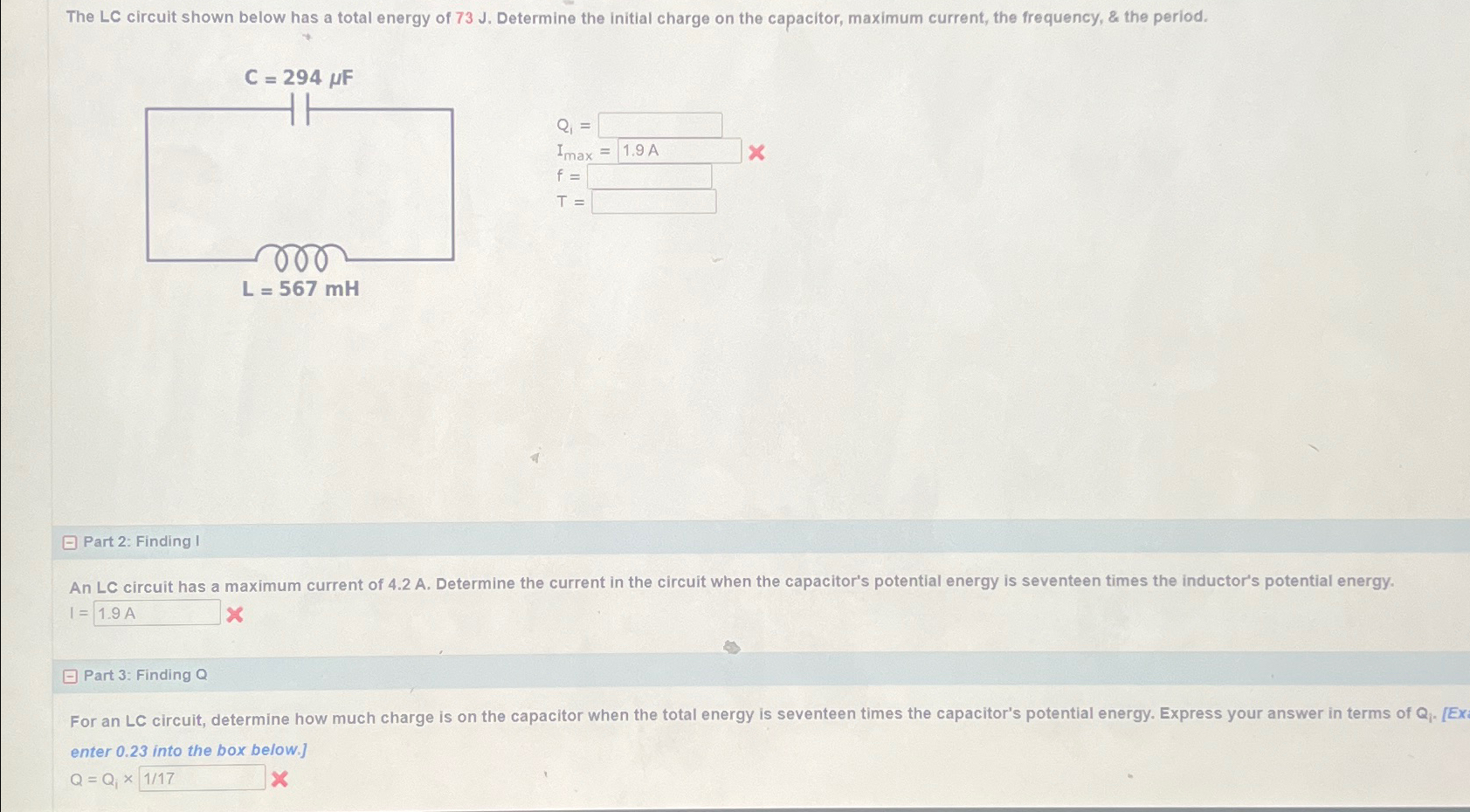 Solved The LC circuit shown below has a total energy of 73J. | Chegg.com