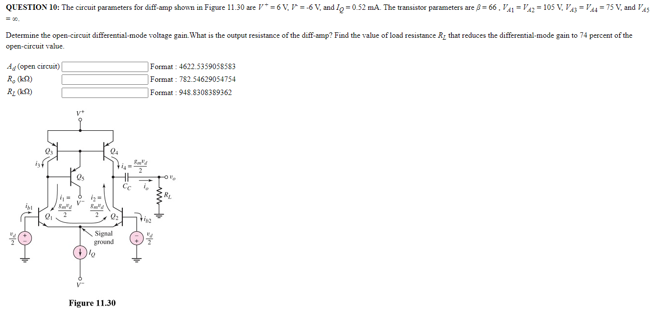 Solved QUESTION 10: The circuit parameters for diff-amp | Chegg.com