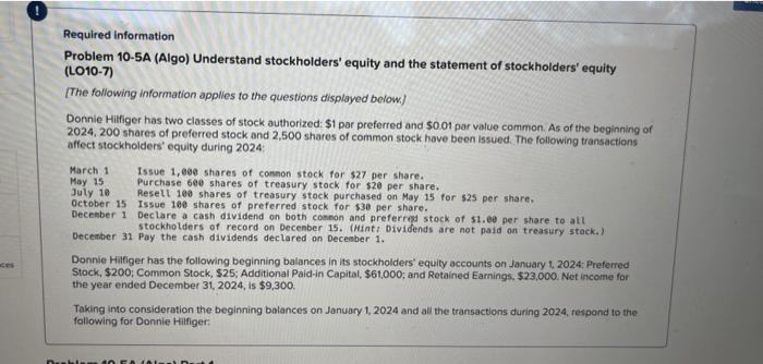 Solved Required information Problem 10-5A (Algo) Understand | Chegg.com