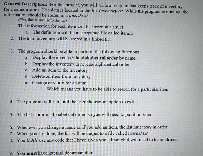 Solved General Description: For this project, you will write | Chegg.com
