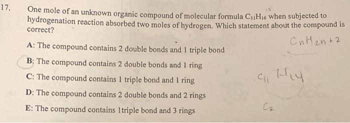 Solved 17. CnH2n+2 One mole of an unknown organic compound | Chegg.com